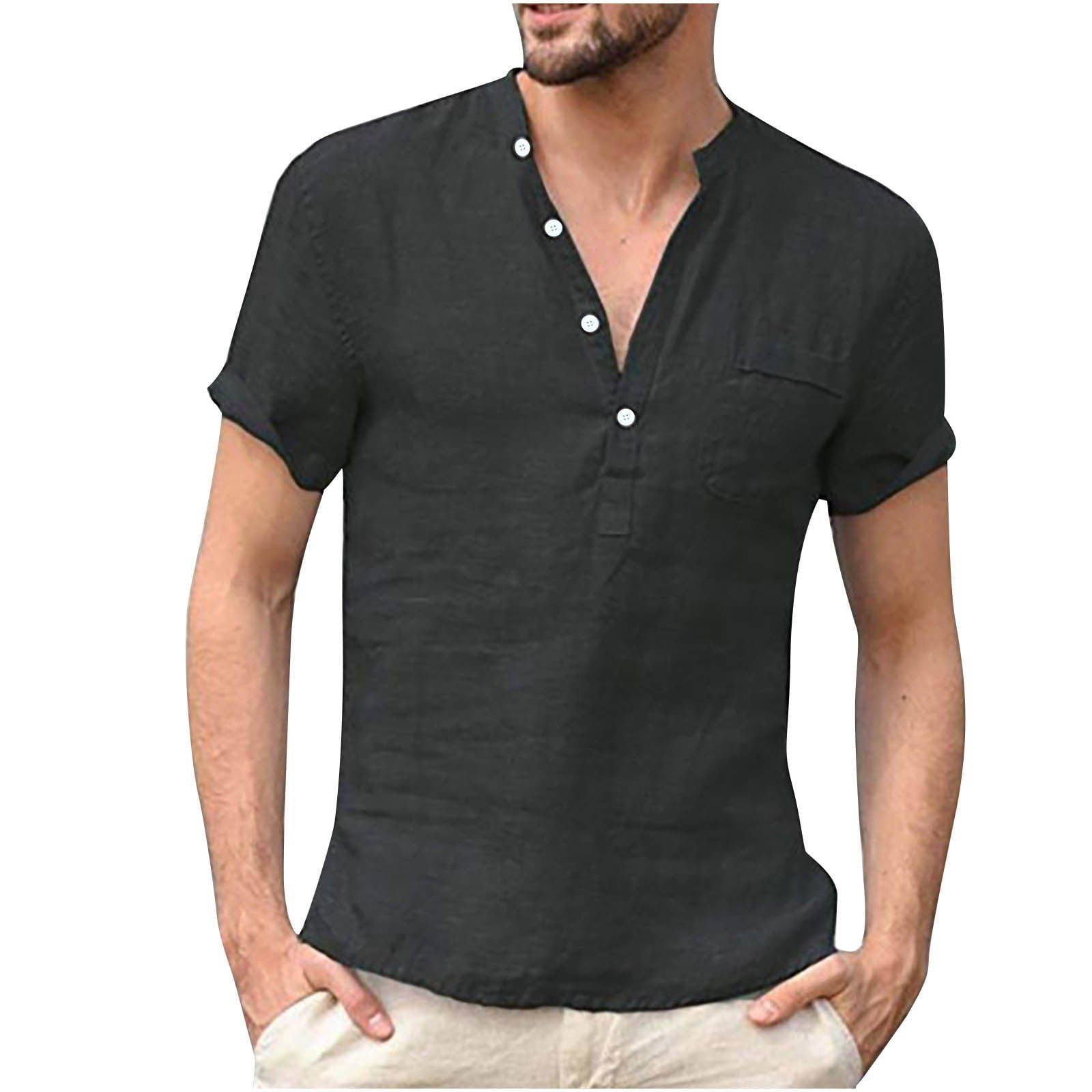 Men Short Sleeve Henley Shirt with Pocket Linen Button Up Stand Collar Summer Holiday Beach ...