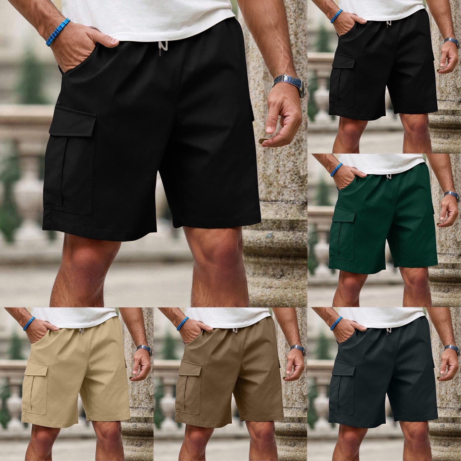 Men Shorts Mid Waist Cargo Shorts Solid Splice Pocket Drawstring Solid ...