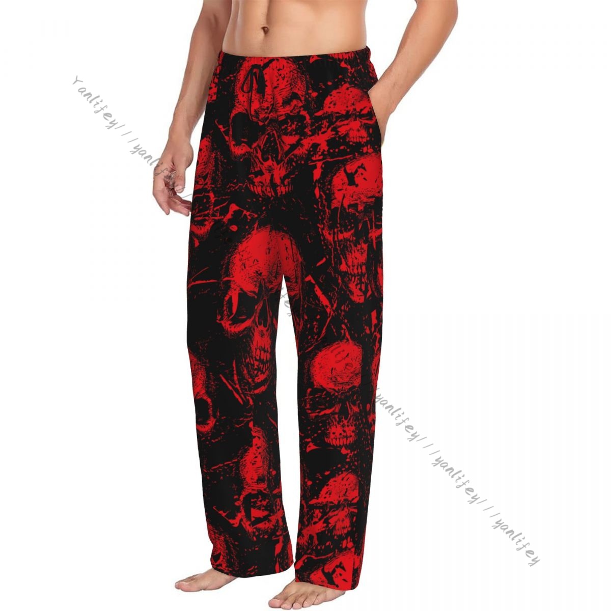 Men Sleep Bottoms Male Lounge Trousers Men's Red Sinister Skulls Pajama ...