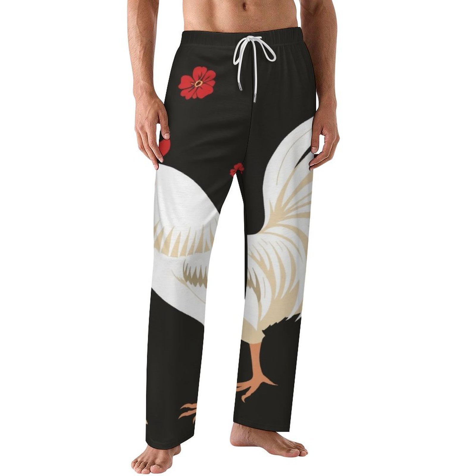 Men Sleep Bottoms White Rooster Red Flowers Black Background Male ...