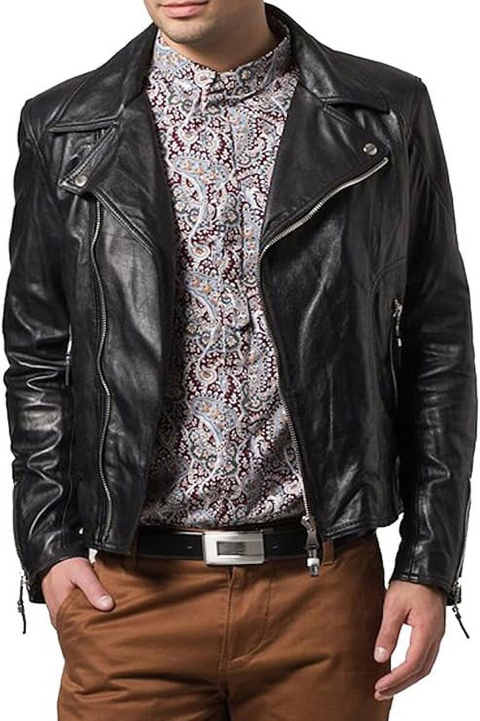 Men Slim Fit Biker Motorcycle Lambskin Leather Black Jacket Coat ...
