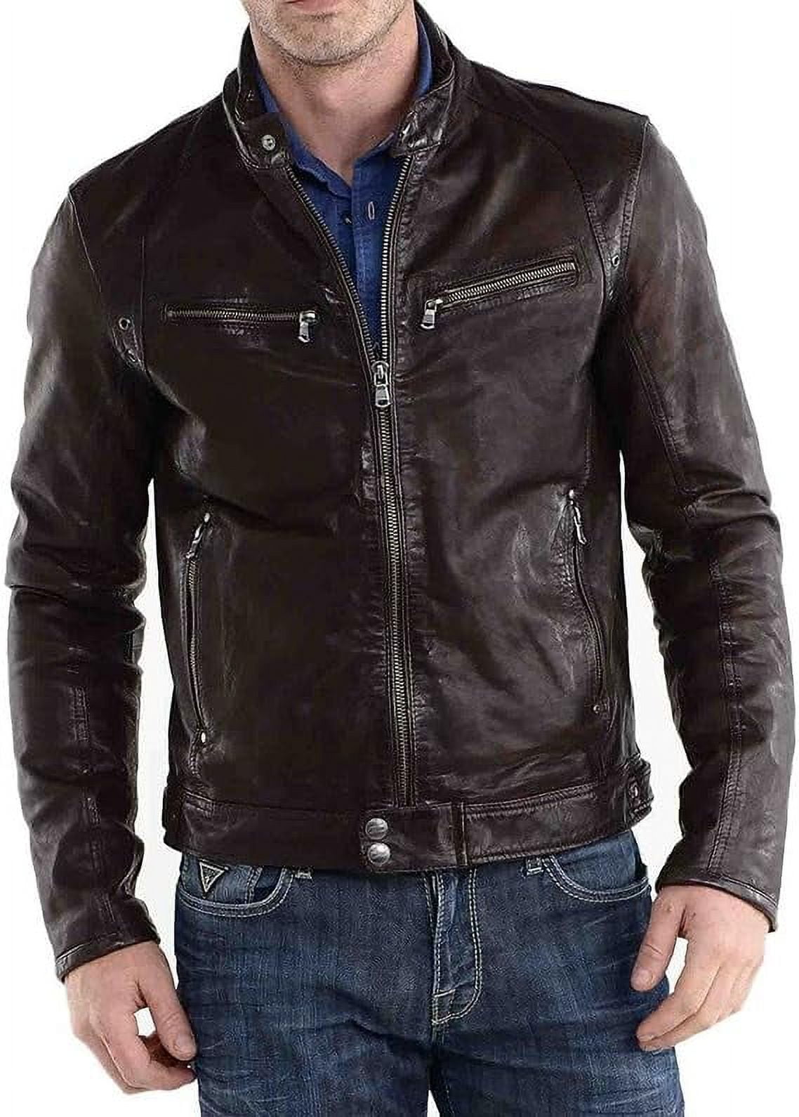 Men Slim Fit Biker Motorcycle Lambskin Leather Jacket Coat Outwear ...