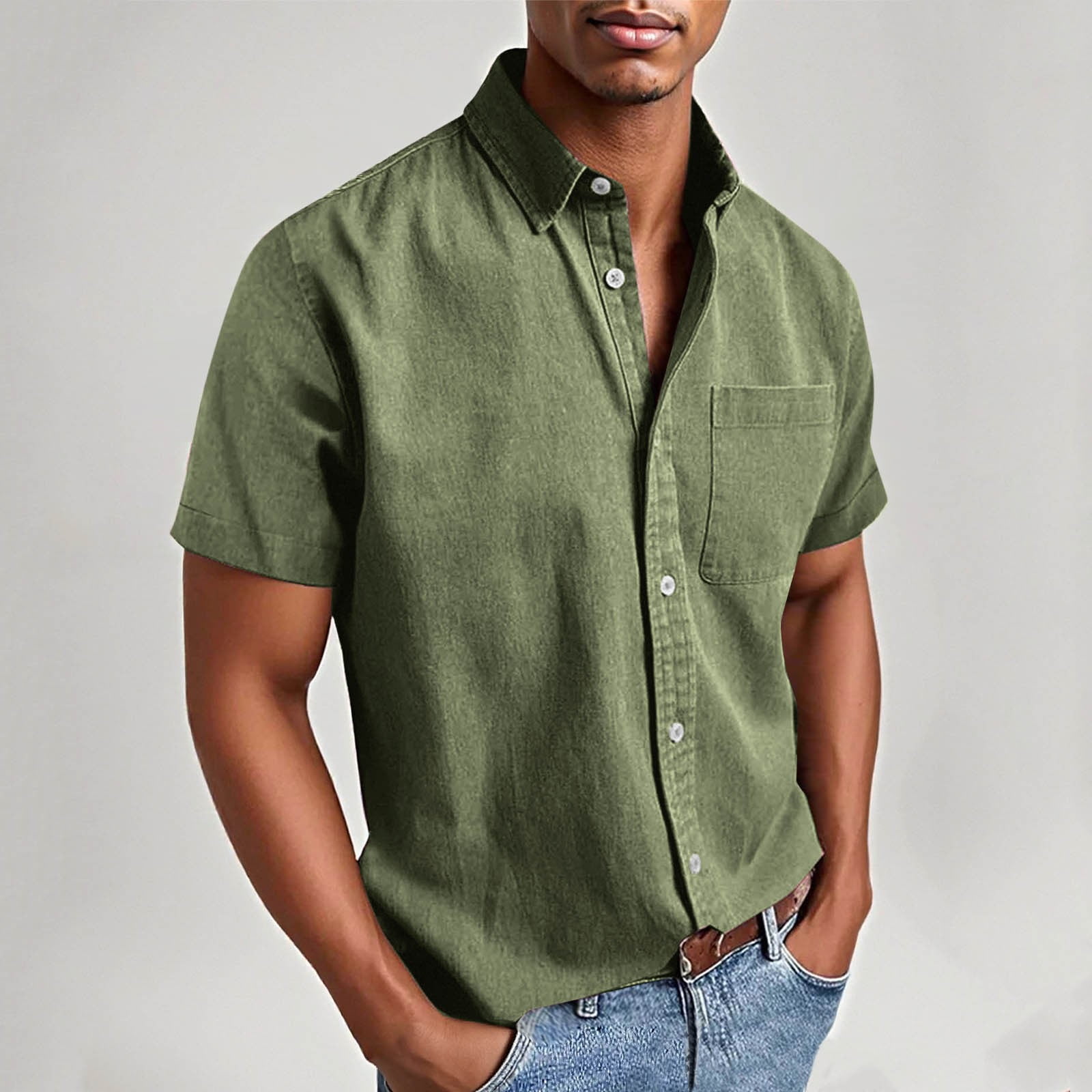 Men Solid Color Casual Loose Button Pocket Short Sleeve Turndown Collar ...