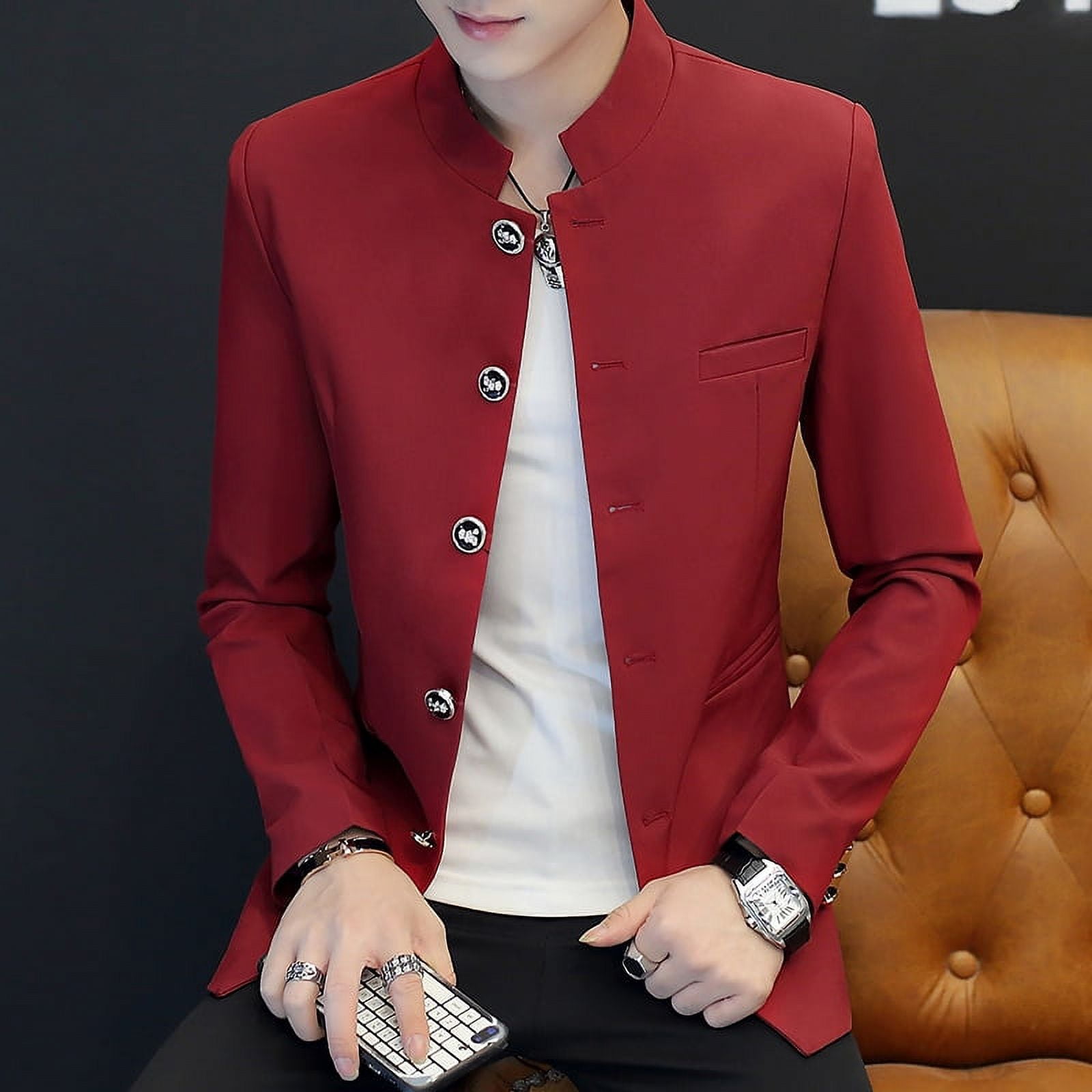 Men Solid Color Standing Collar Suit Coat Chinese Slim Fit Suit Men's ...