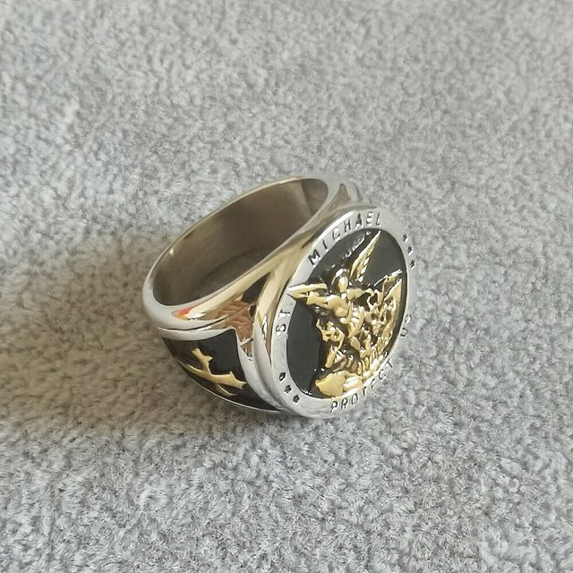 Men St Michael Archangel Defeating Satan Stainless Steel Amulet Ring ...