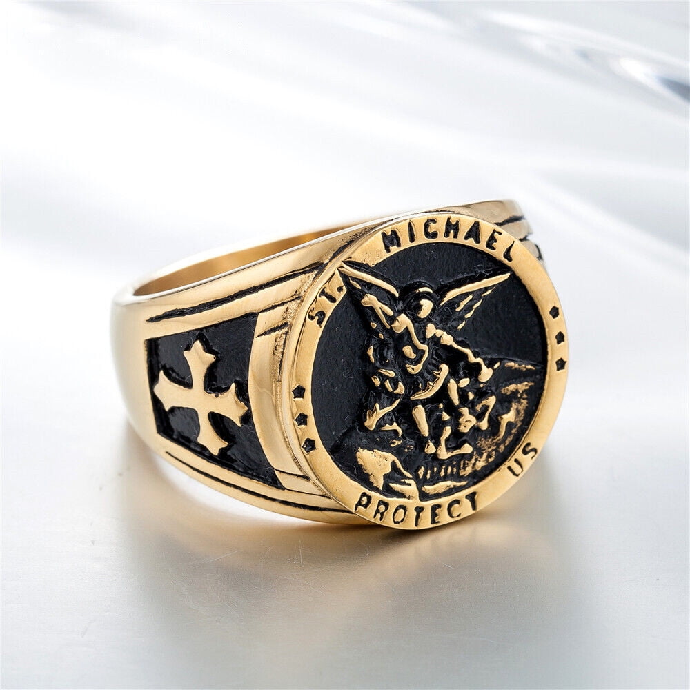 Men St Michael Archangel Defeating Satan Stainless Steel Amulet Ring ...
