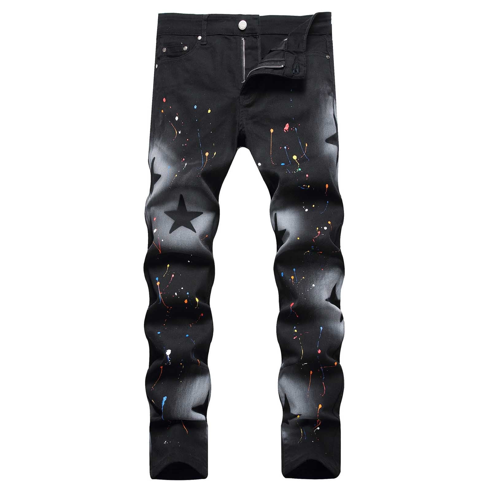 Men Stacked Jeans Distressed Destroyed Straight Denim Pants Men Stacked Jeans Distressed Destroyed Straight Denim Pants
