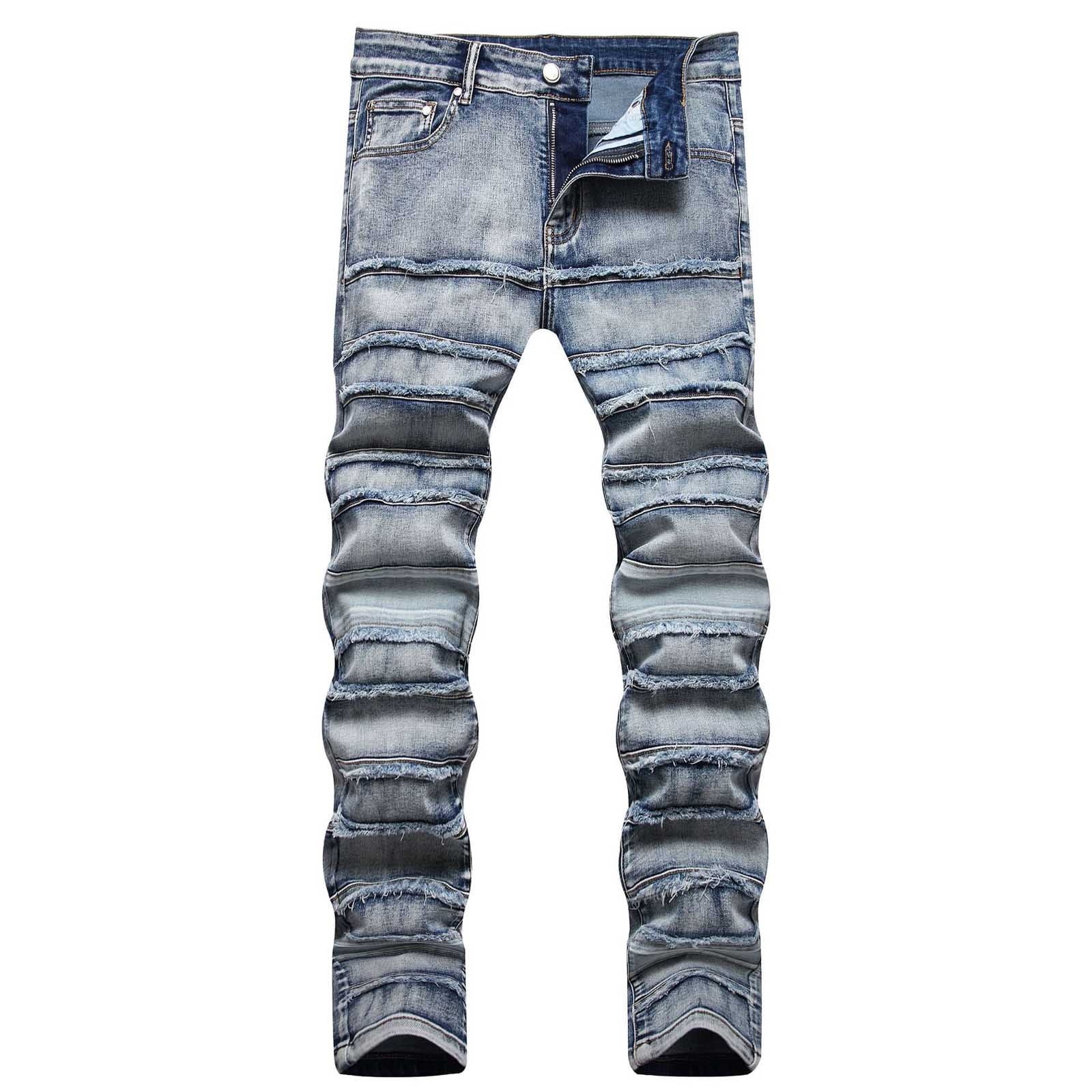 Men Stacked Jeans Distressed Destroyed Straight Denim Pants Fitted ...