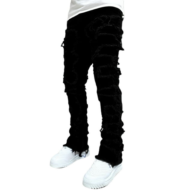Men Stacked Jeans Distressed Destroyed Straight Denim Pants Fitted ...