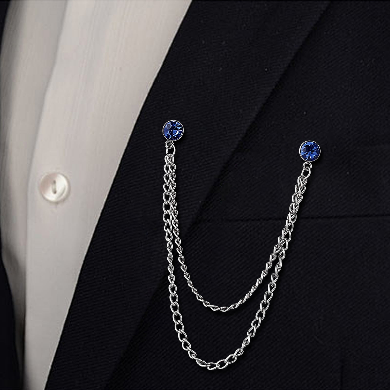Men Suit Pin Rhinestone Decor Double Chains Anti-slip Dress-up Polished ...