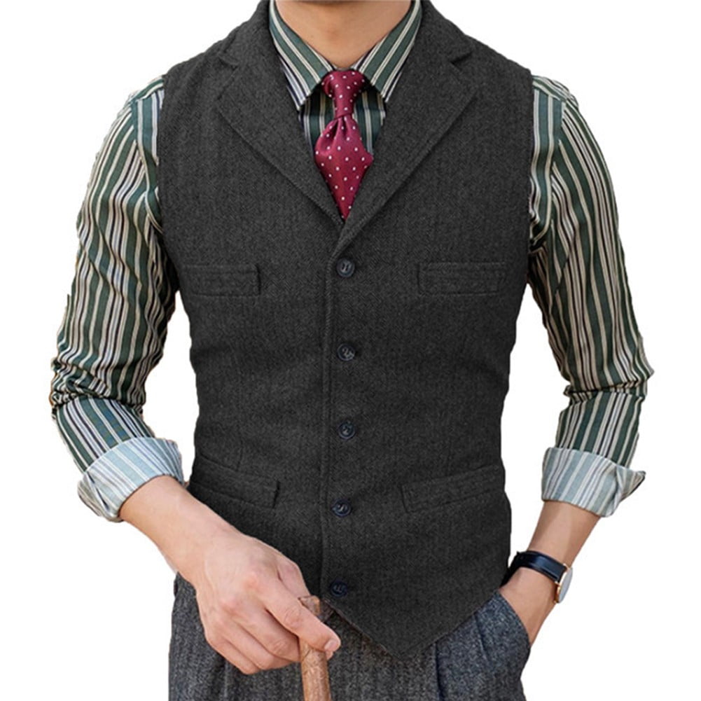 Men Suit Vest Vintage Herringbone Notch Lapel Slim Retro Tweed ...