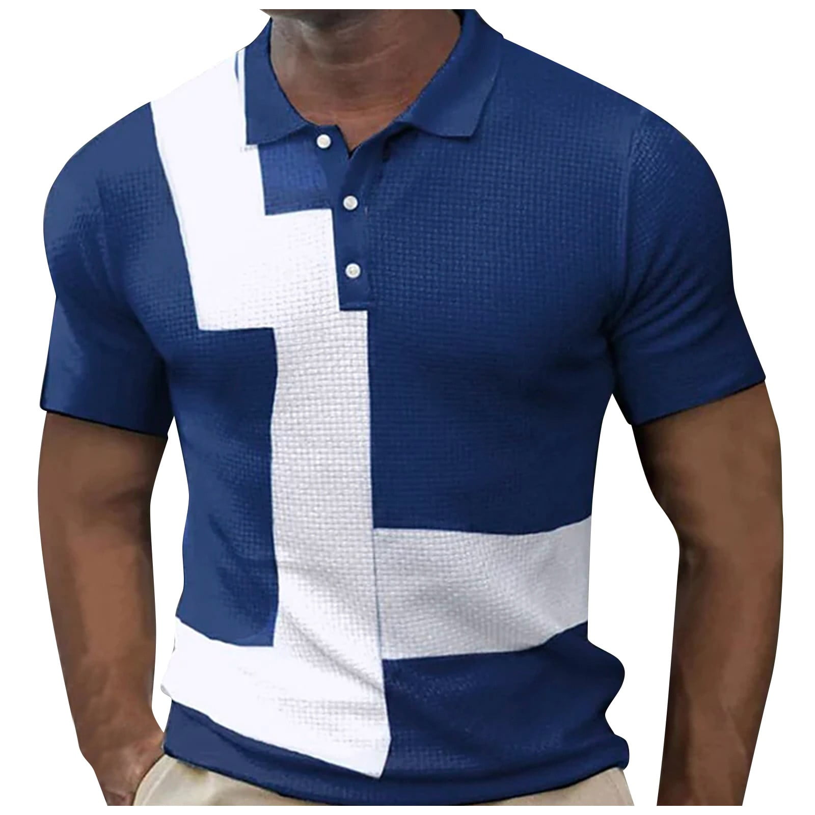 Men Summer Button Plaid Polo Shirts Short Sleeve Colorblock Lapel ...