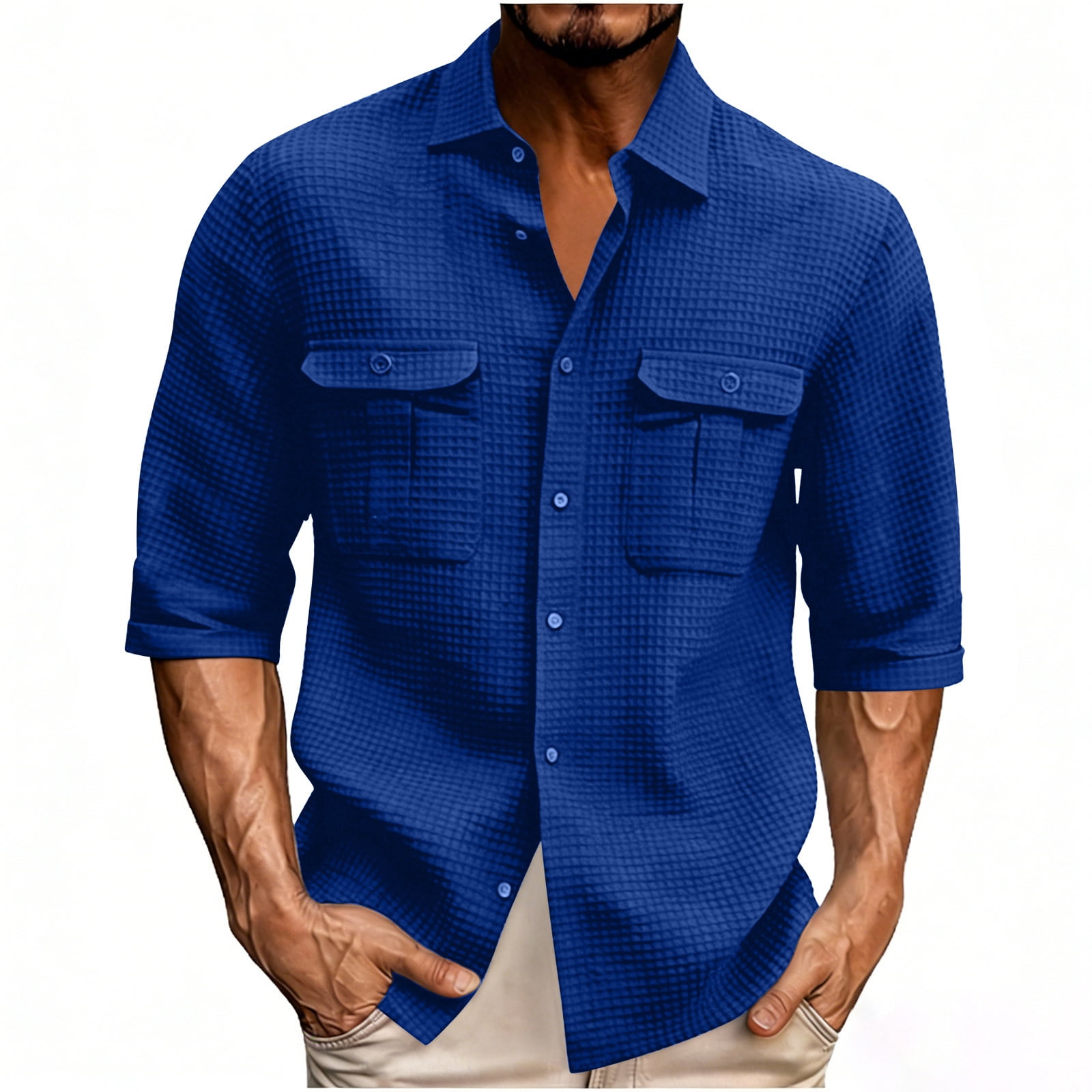 Men Summer Casual Waffle Shirts Businees Classic Lapel Button Short ...