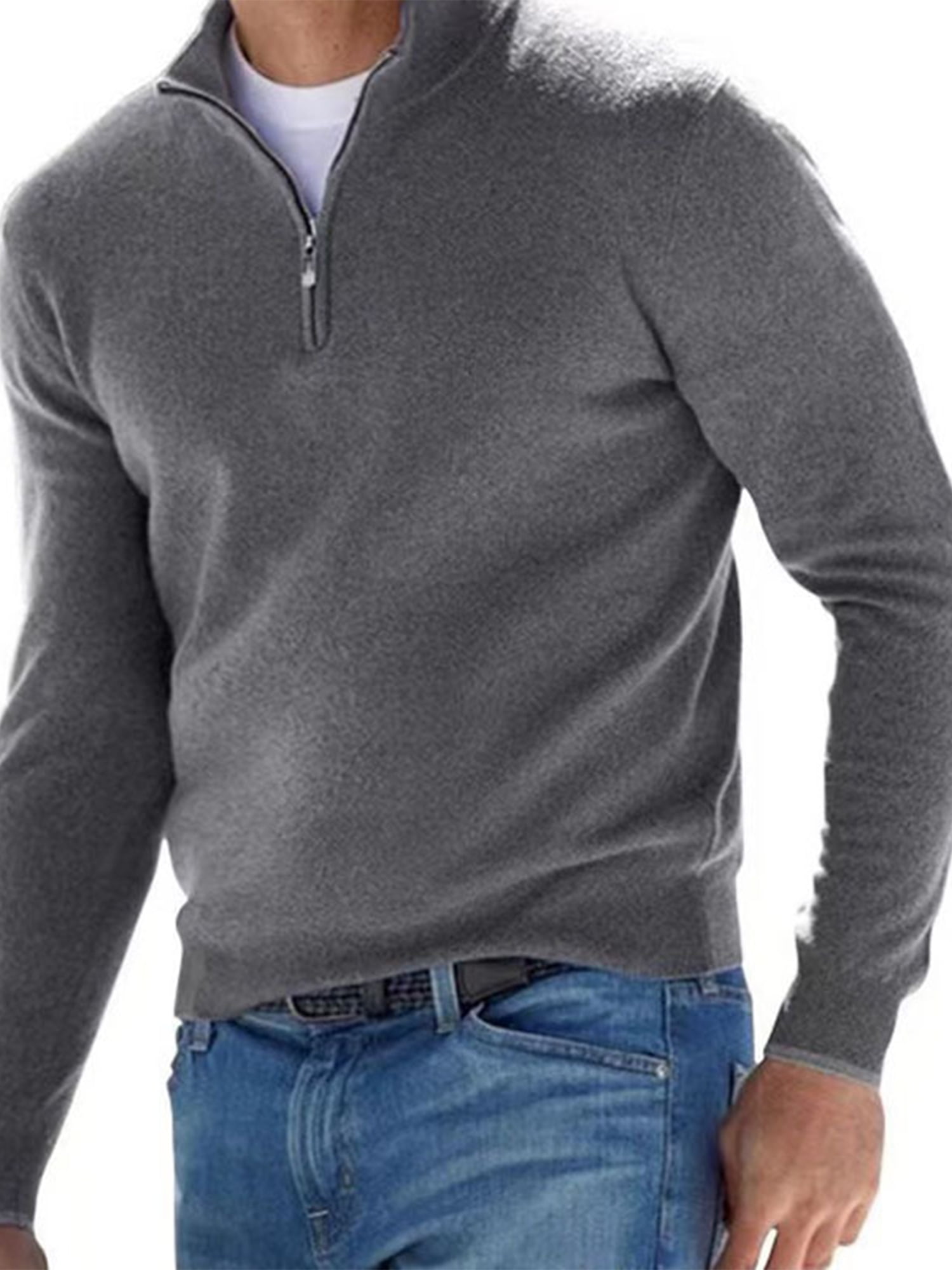 Men Sweater, Long Sleeve Stand Collar Zipped Solid Pullover Knit Shirt ...