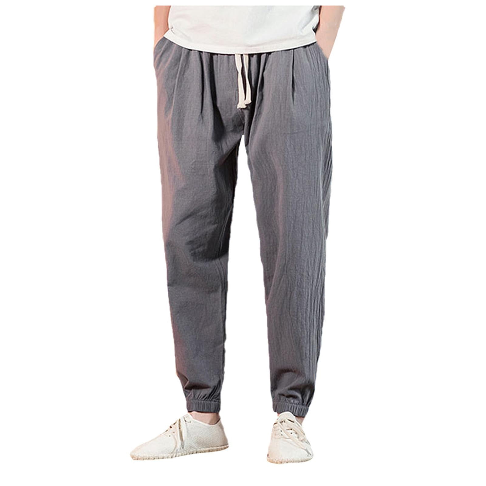 Men Sweatpants Elastic Waist Comfy Casual Cotton Linen Pants With ...