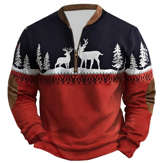 Men Sweatshirts Mens Christmas Reindeer Hoodie Quarter Zip Hoodless Long Sleeve Crewneck Mens ...
