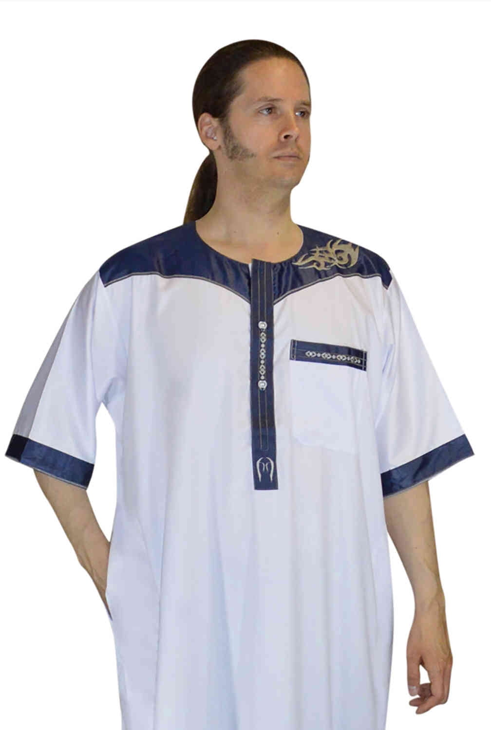 Men Thobe Saudi Style White With Blue Embroidery - Medium 56" - Walmart.com