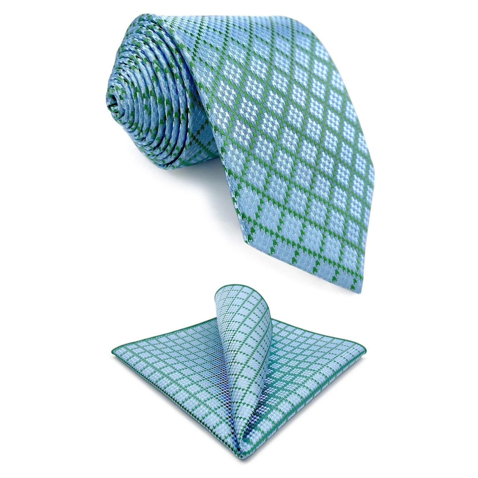 Men Tie and Pocket Square Necktie Baby Blue Green Azure Checkered for ...