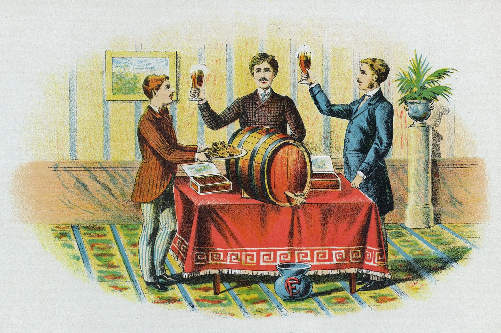 Men Toasting around a Keg Cigar Box Label Art Print by Lantern Press ...