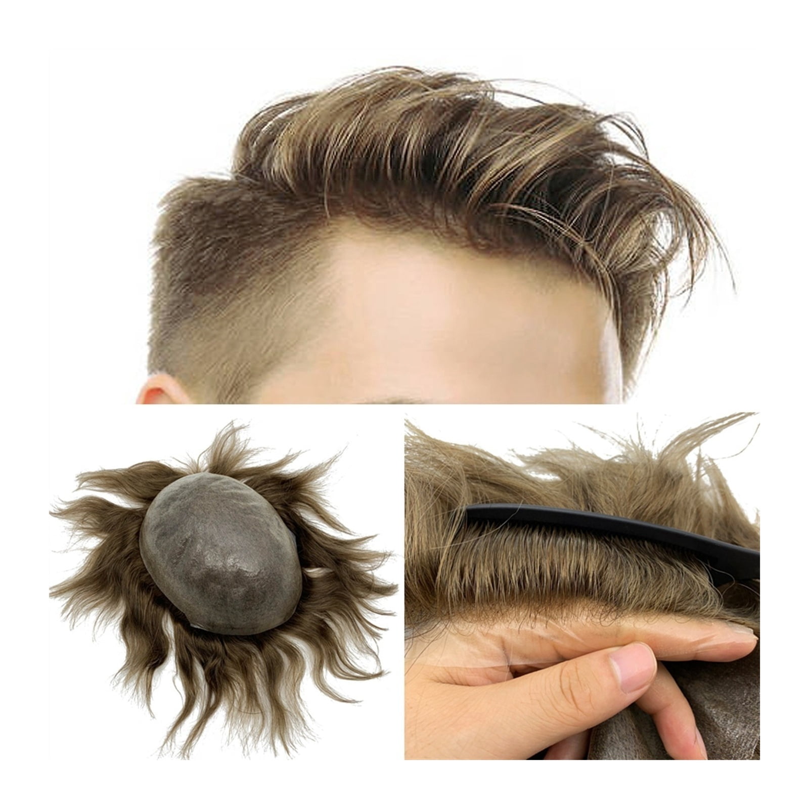 Men Toupee 6" Human Hair Systems 0.04~0.06 mm Thin Skin PU Base ...