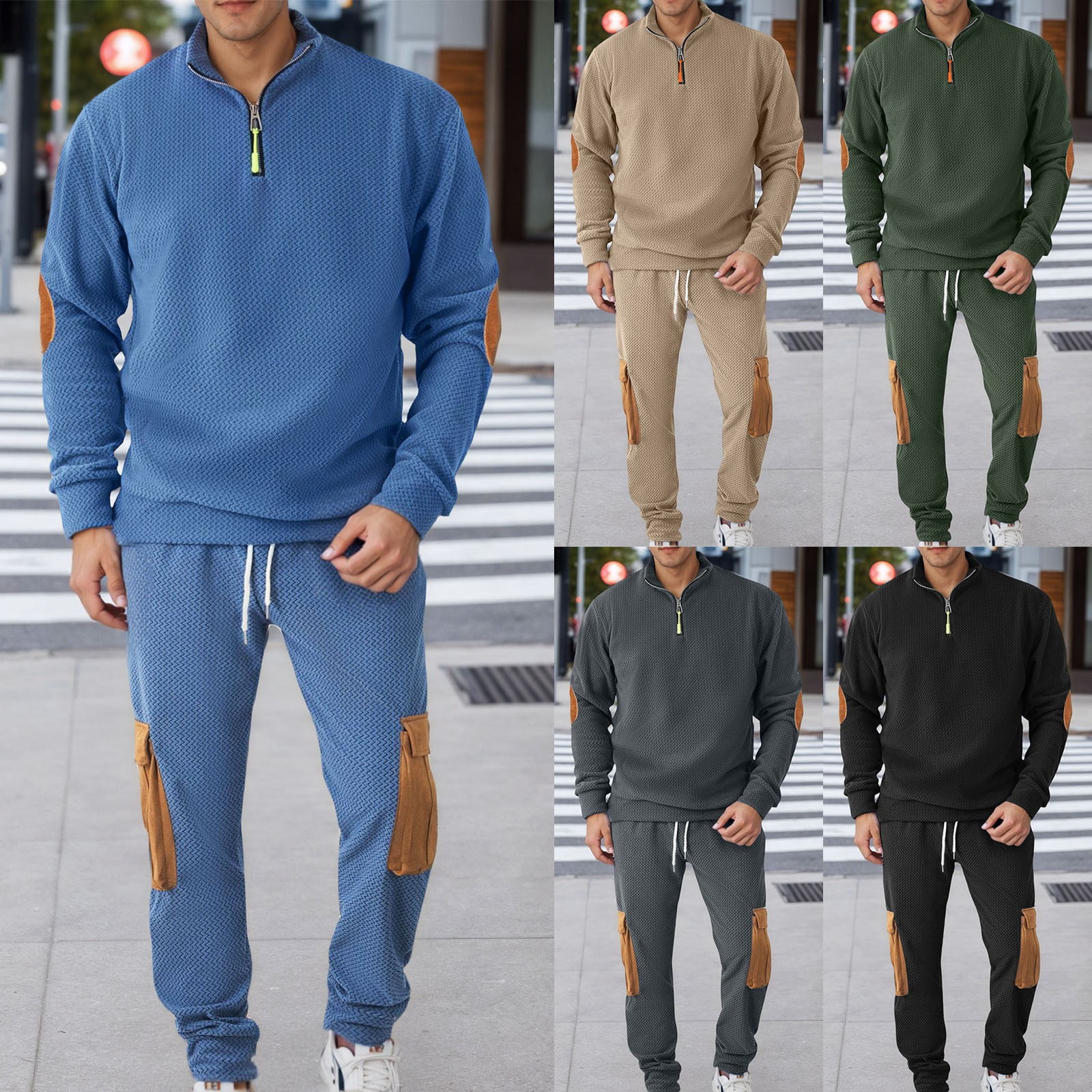 Men Track Suits 2 Piece Set Fall Winter Quarter Zip Sweatshirt Pants ...