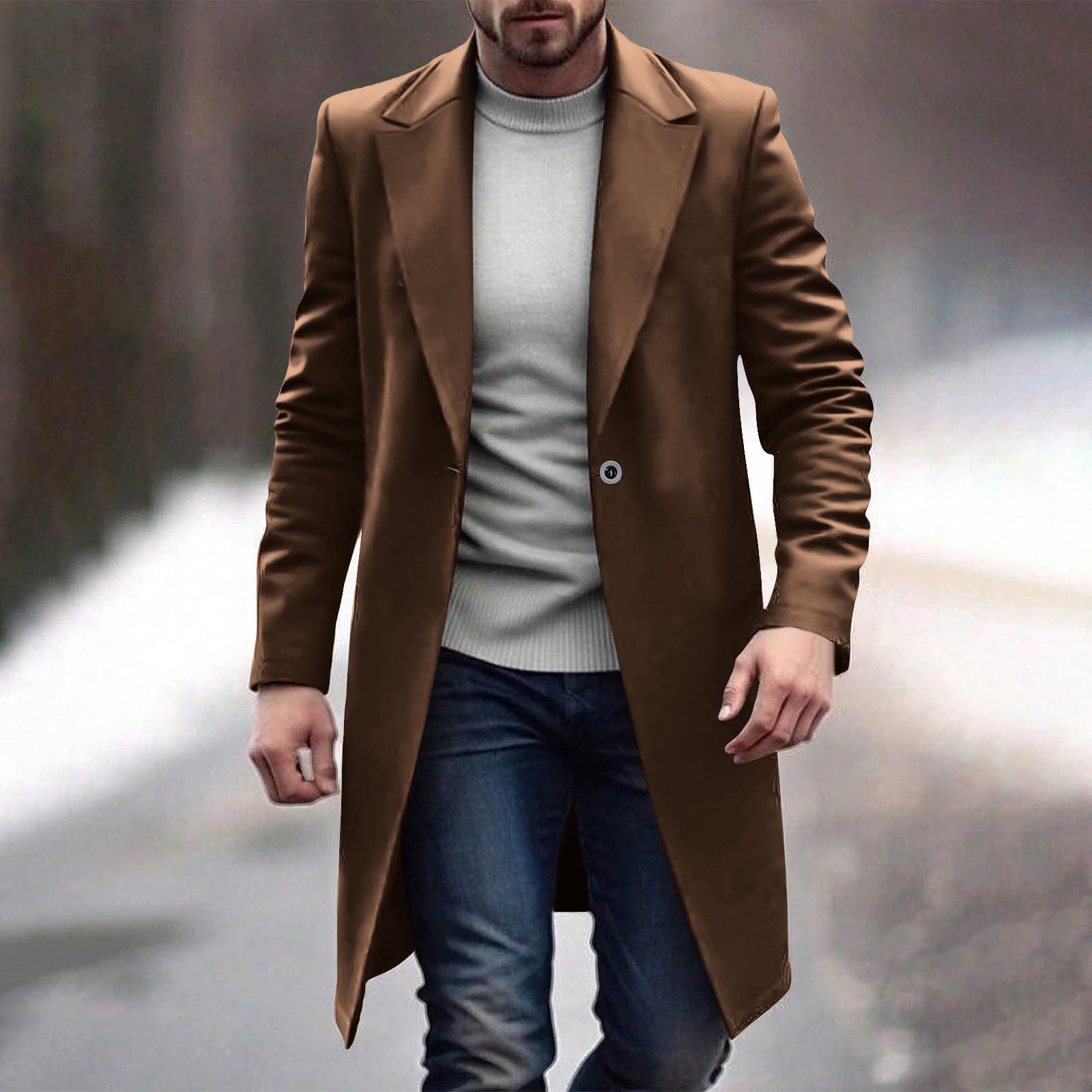 Men Trench Coat Long Notched Collar Jacket Single Button Business ...