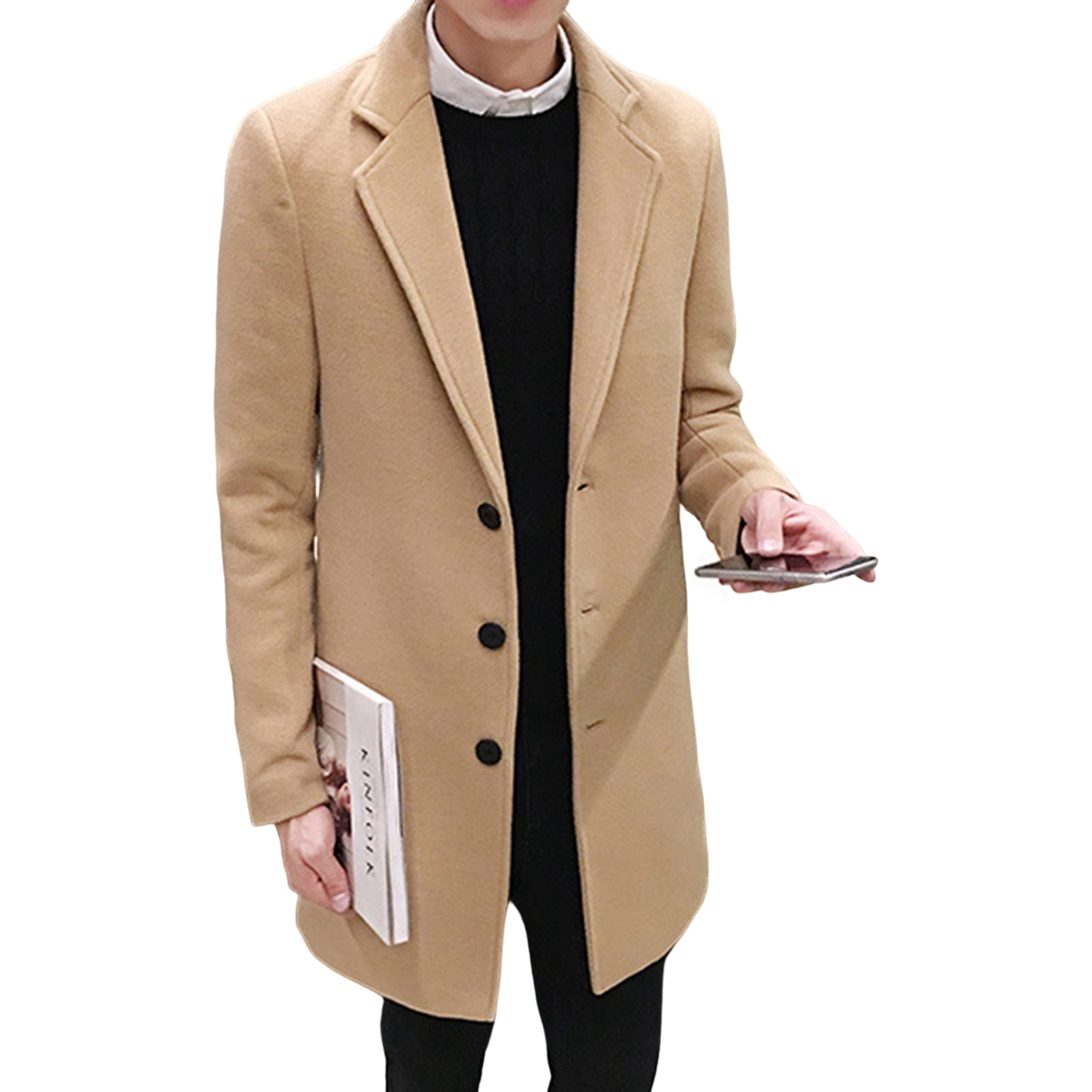 Men Trench Coat Medium Length Solid Color Slim Fit Business Overcoat ...