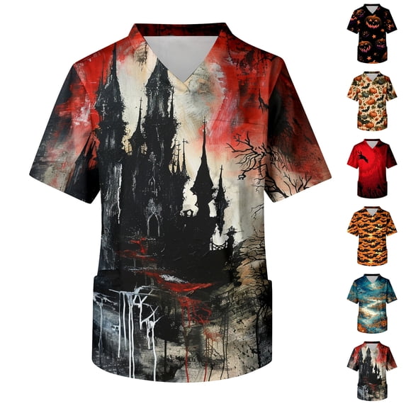 Men V Neck Short Sleeve Halloween Print Chest Pocket Scrub Top ...