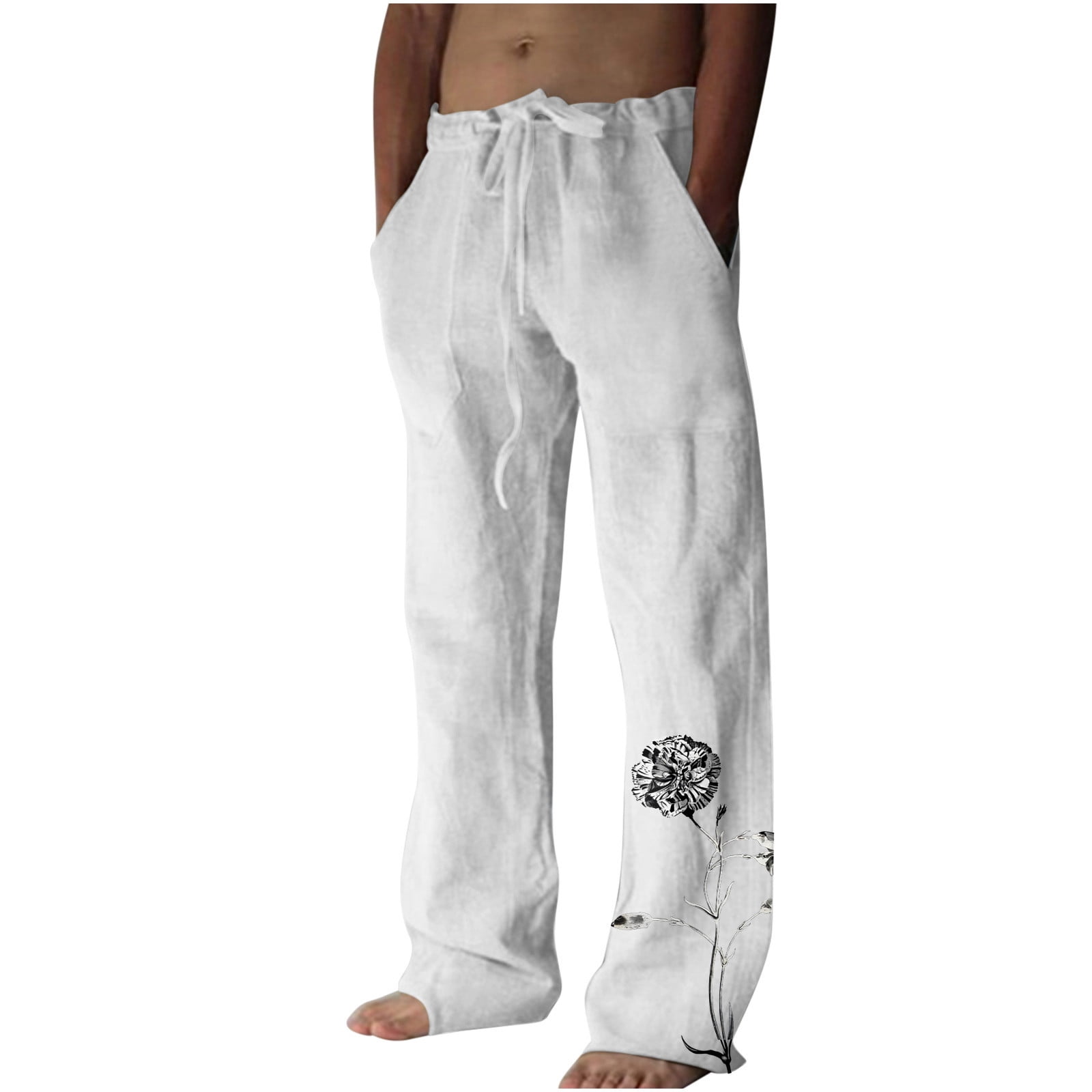 Men Vintage Cotton Linen Pants Printed Casual Long Pants Drawstring ...