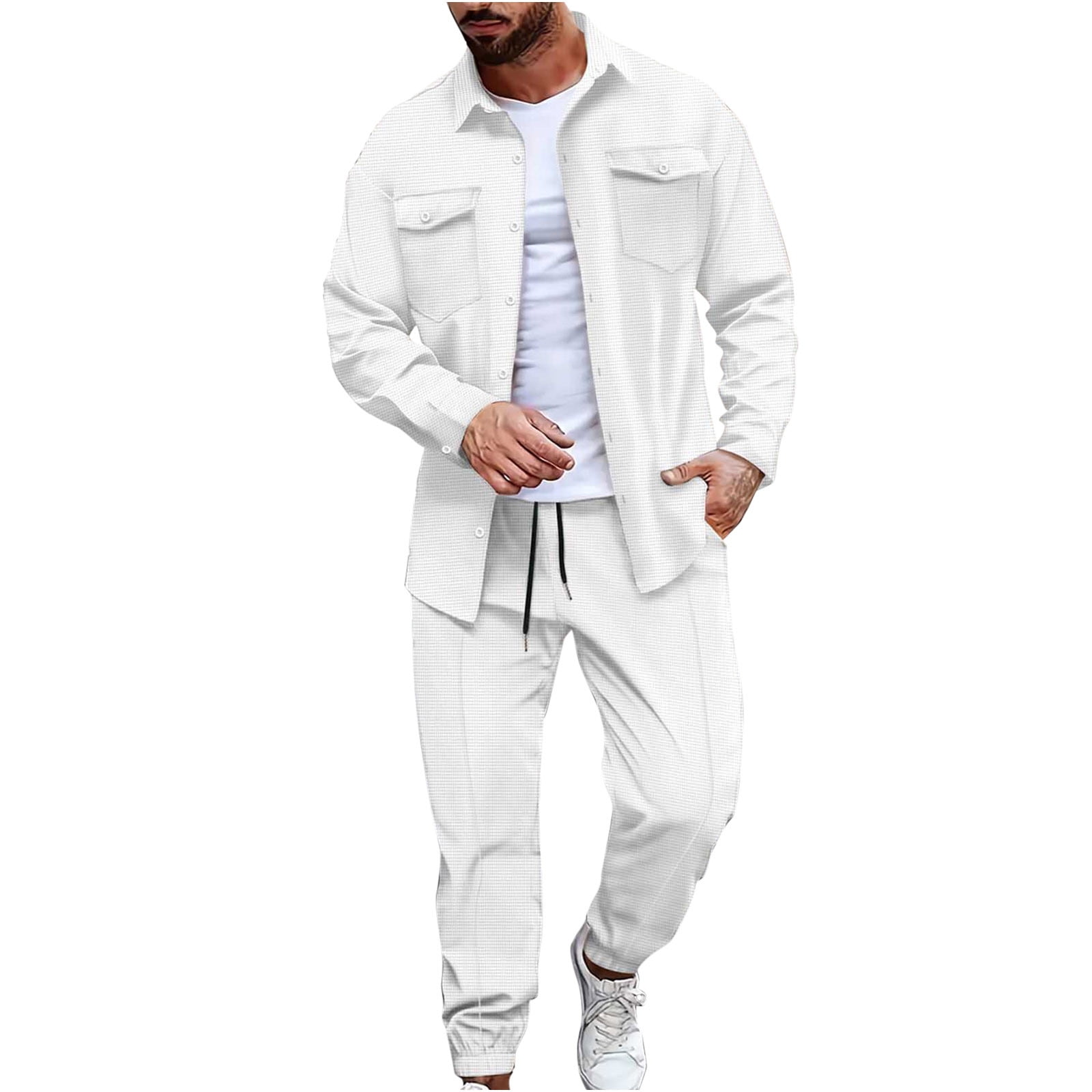 Men Waffle Track Suits 2 Piece Set Casual Long Sleeve Button Down ...