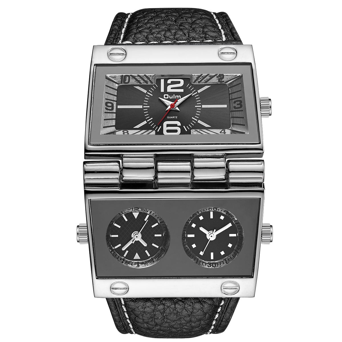 Men Watch Analog Black Leather Strap 3 Sub-dials White/Black/Brown ...