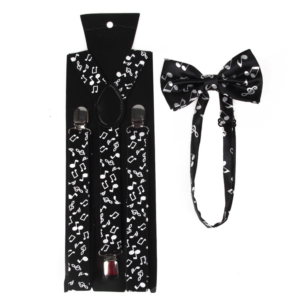 Men Women 2 In 1 Suspenders Bow Tie Set Black White Music Notes Piano ...