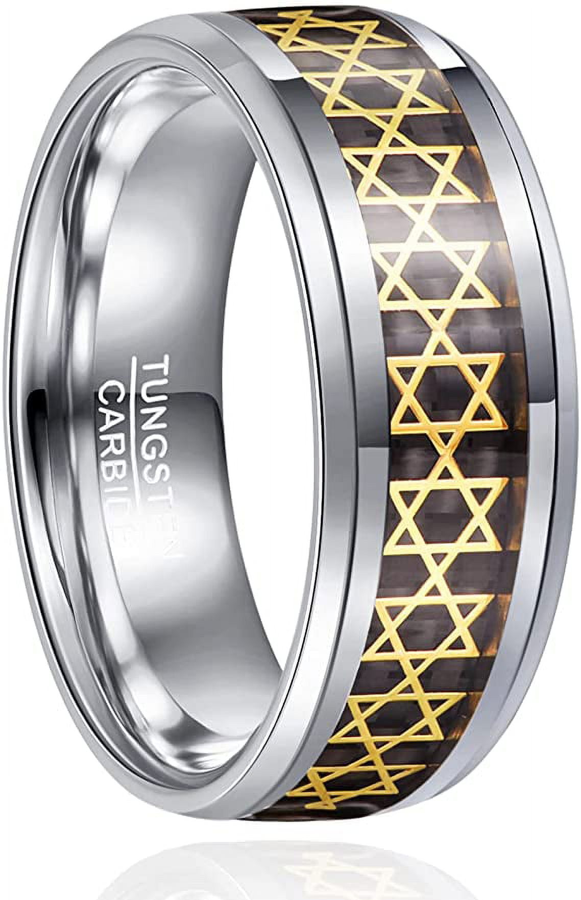 Men /Women 8mm Silver Tungsten Carbide Ring Gold Six-Pointed Star Inlay ...