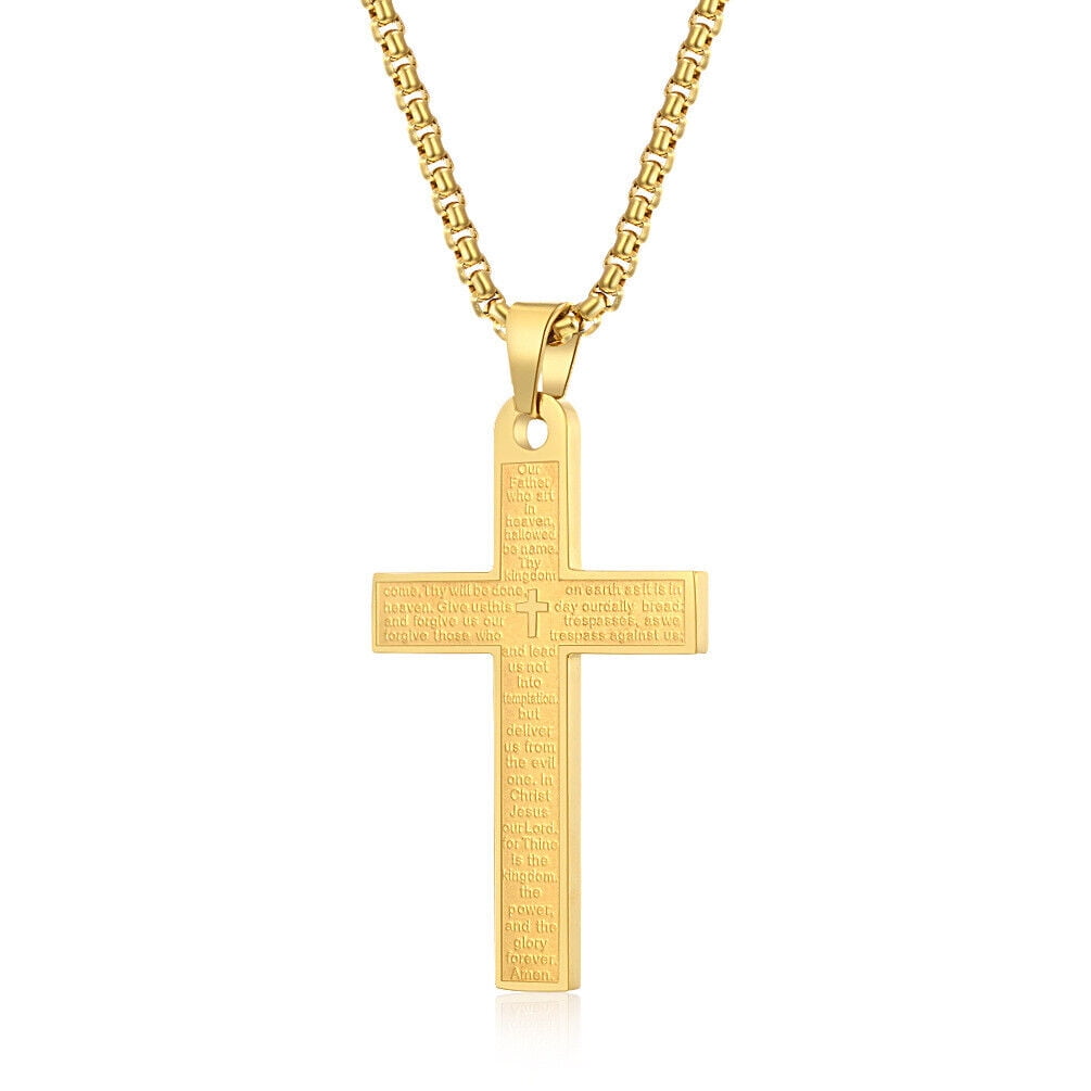 Men Women Gold Cross Pendant Necklace Stainless Steel Lord's Prayer ...