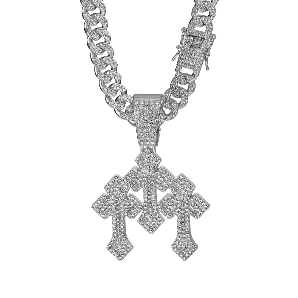Men Women Hip Hop Three Crosses Pendant Necklace 13mm Crystal Cuban ...