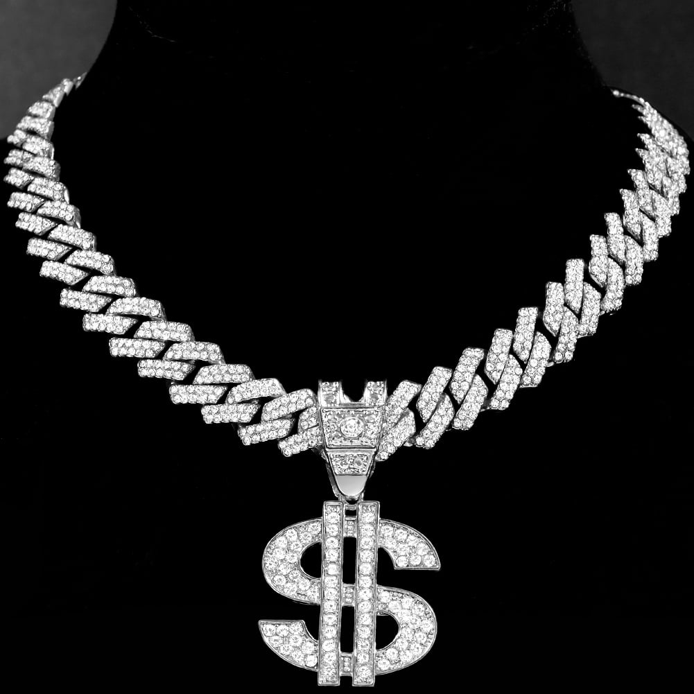 Men Women Iced Out 14MM Cuban Chain Hip Hop Dollar Sign Pendant ...