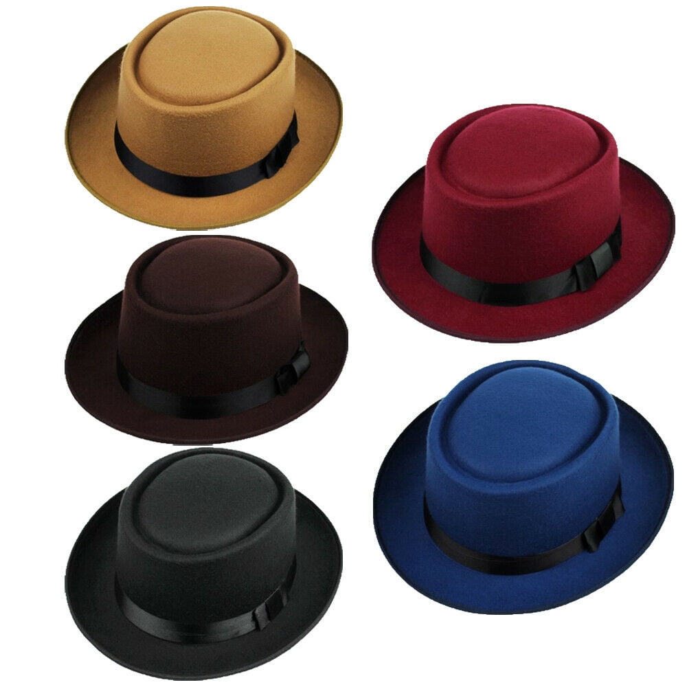 Men Women Retro Wide Brim Boater Flat Top Hats Fedora Hat Classic Pork ...