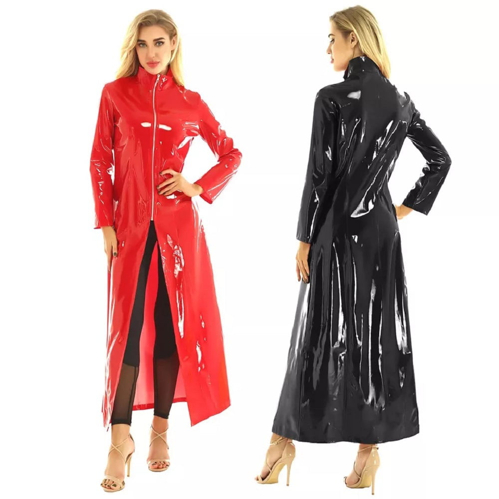 Men Women Shiny Metallic Leather Turtleneck Trench Coat Long Jacket PVC ...