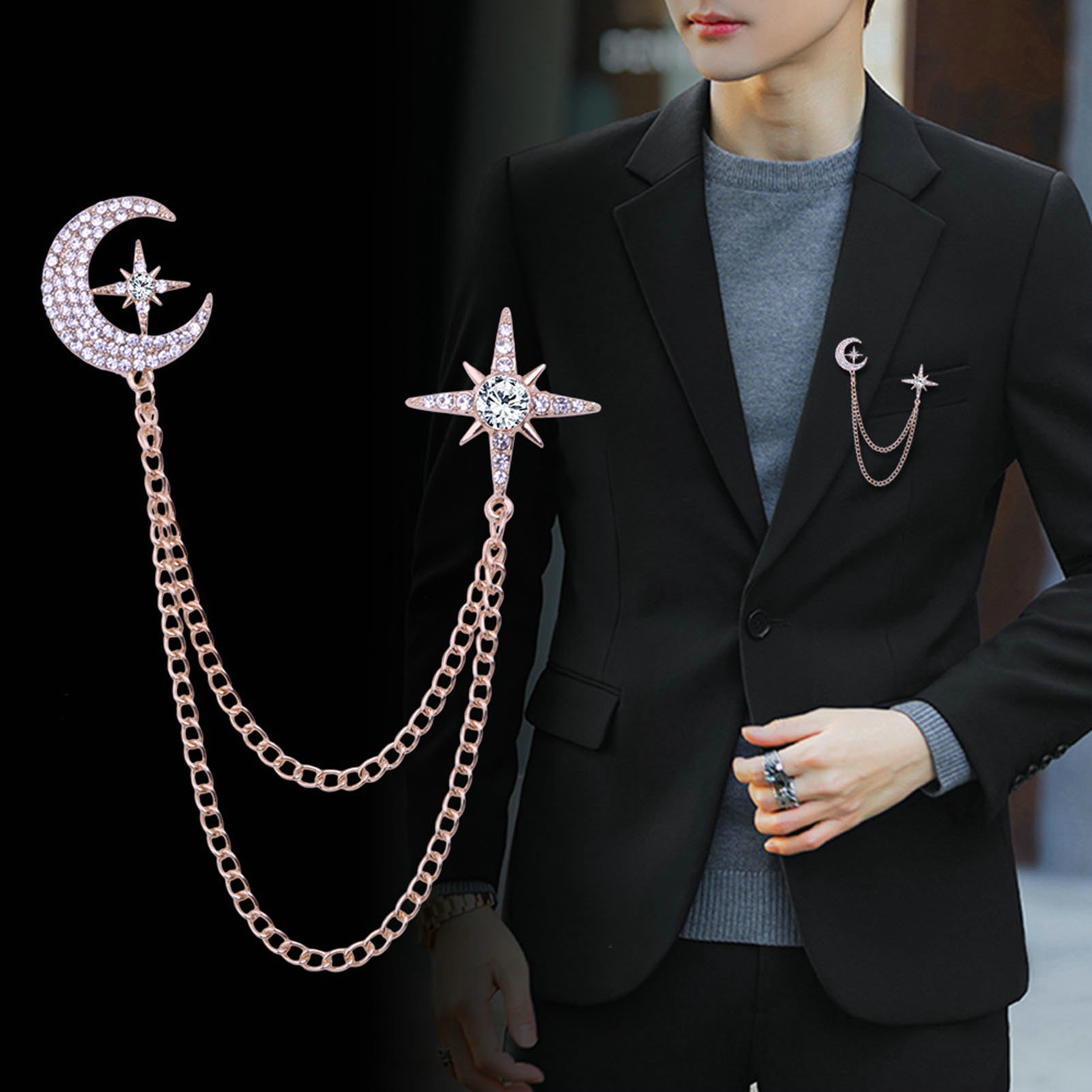 Men Women Star Moon Brooch Dazzling Inlaid Hanging Chain Elegant ...