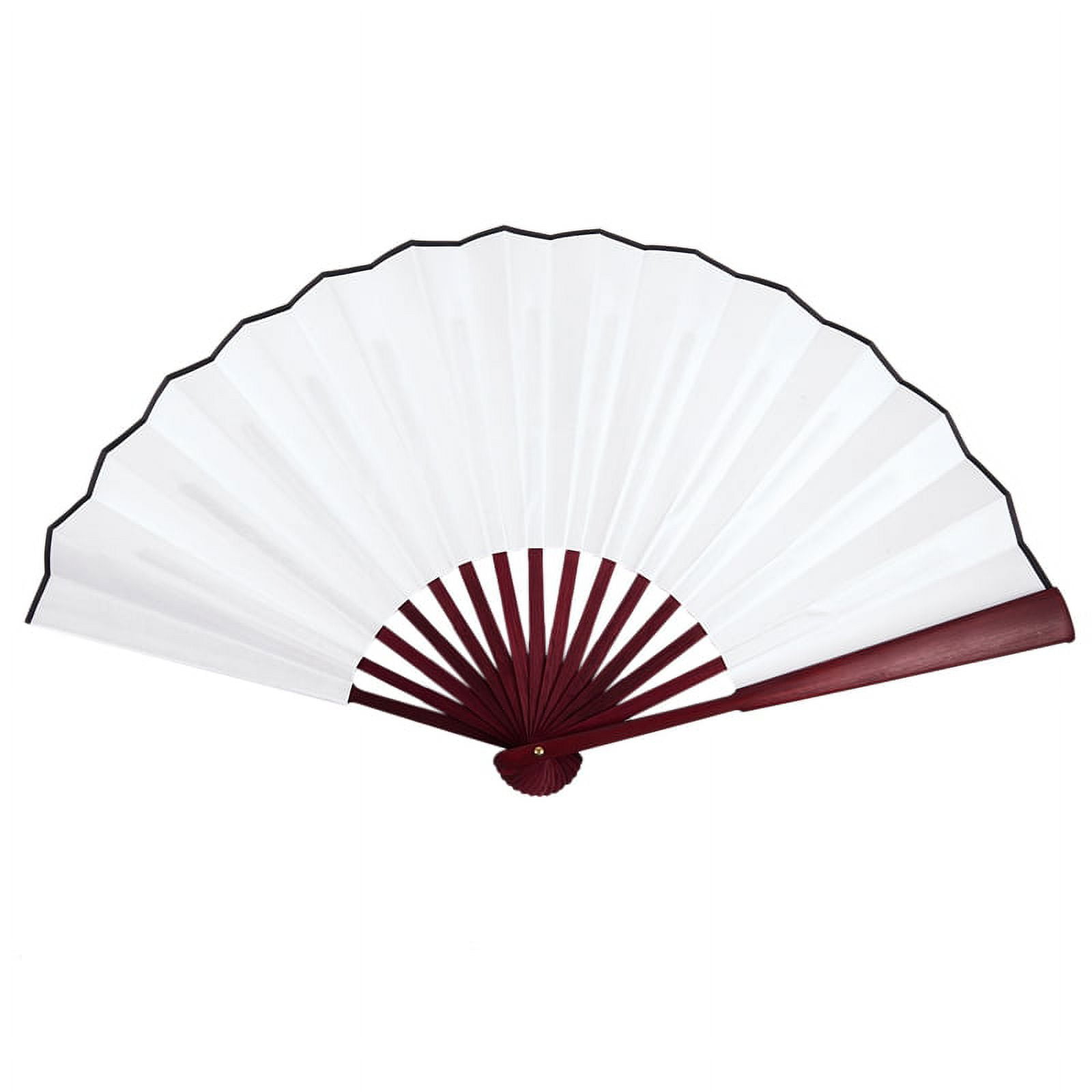 Men Women Wood Handle Fabric Folding Hand Fan 13-inch Length Whtie ...