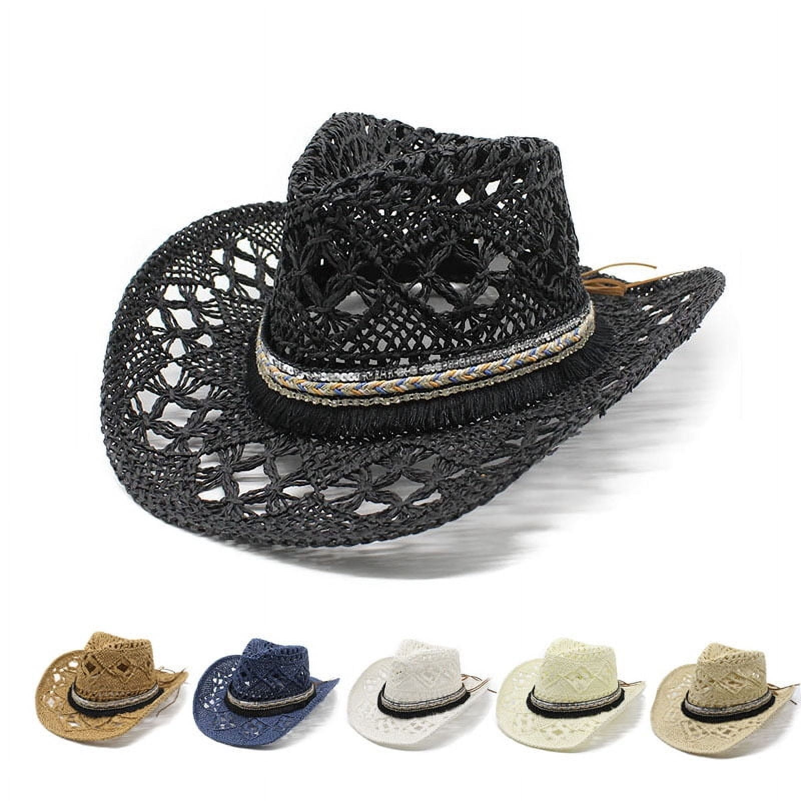 Men Women's Summer Cowboy Cowgirl Straw Hat Hollow Outdoor Travel Woven ...