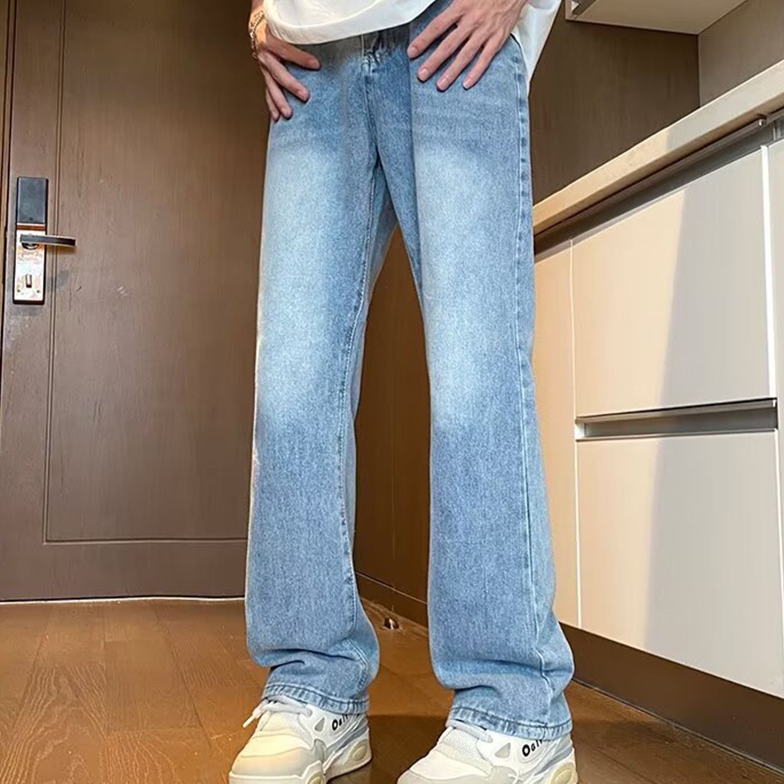 Men cotton Comfort Flex Waist Baggy Jeans Zipper Wash Elastic Trend ...