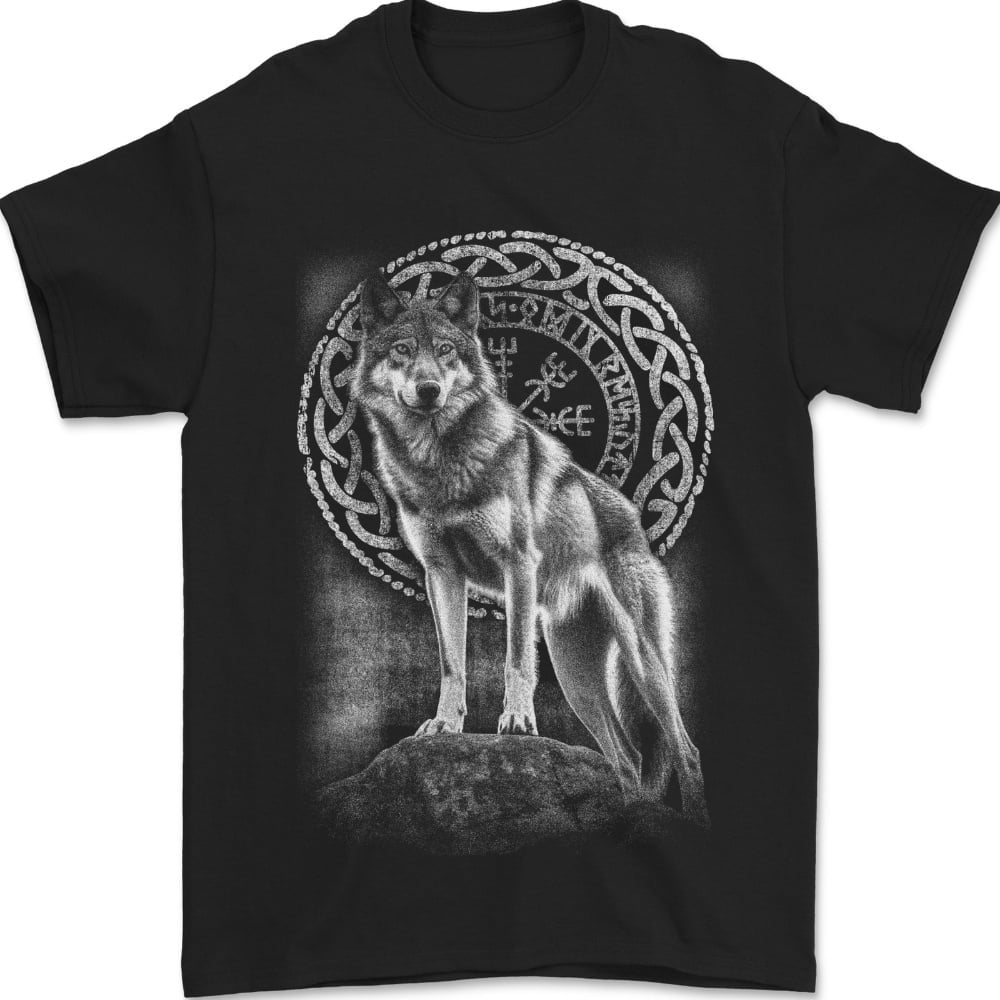 Men's 100% Cotton Nordic Wolf Viking Tee - Black with White & Gray Wolf ...