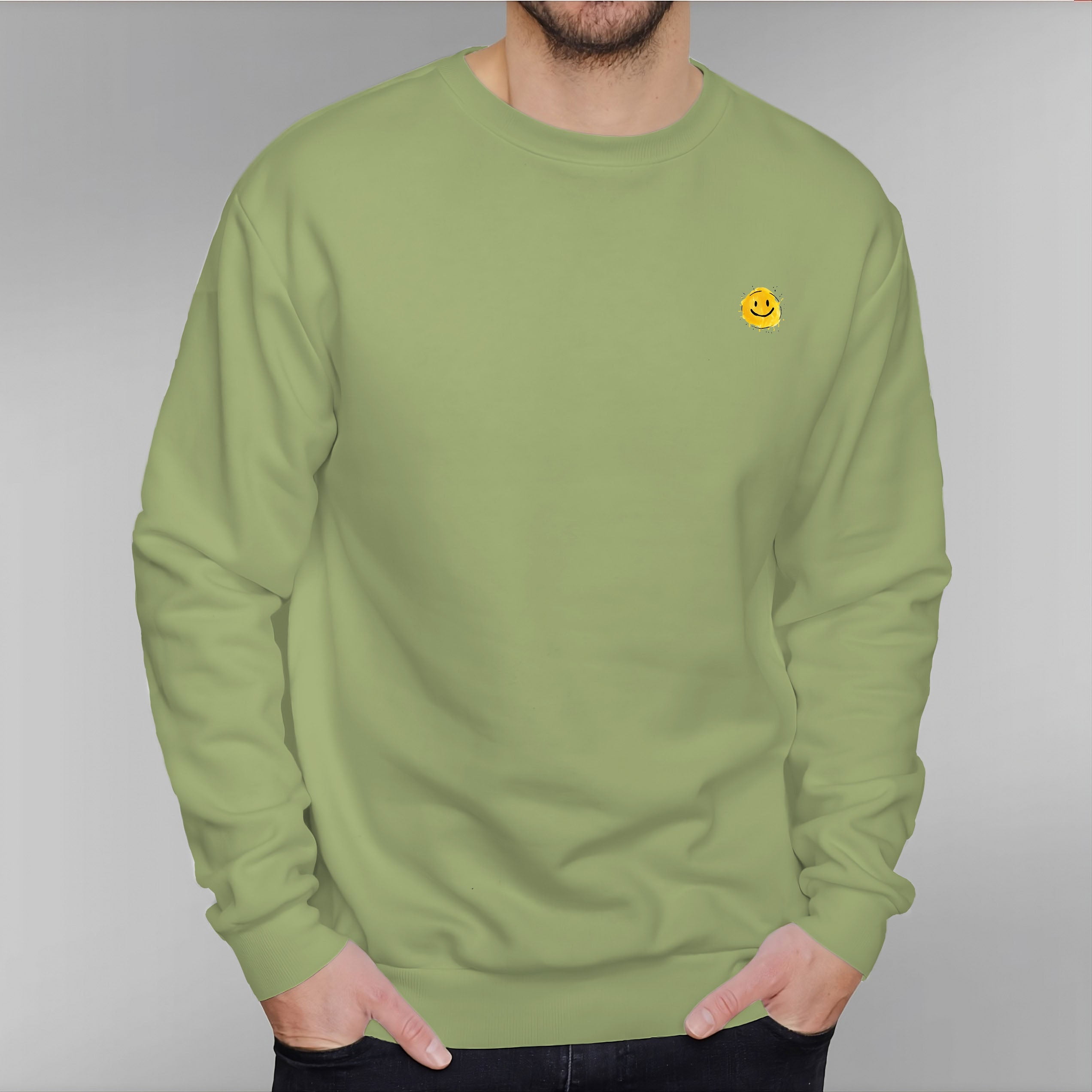 Men's 100% Cotton Off Shoulder Crew Neck Casual Sweatshirt-Smiley face ...