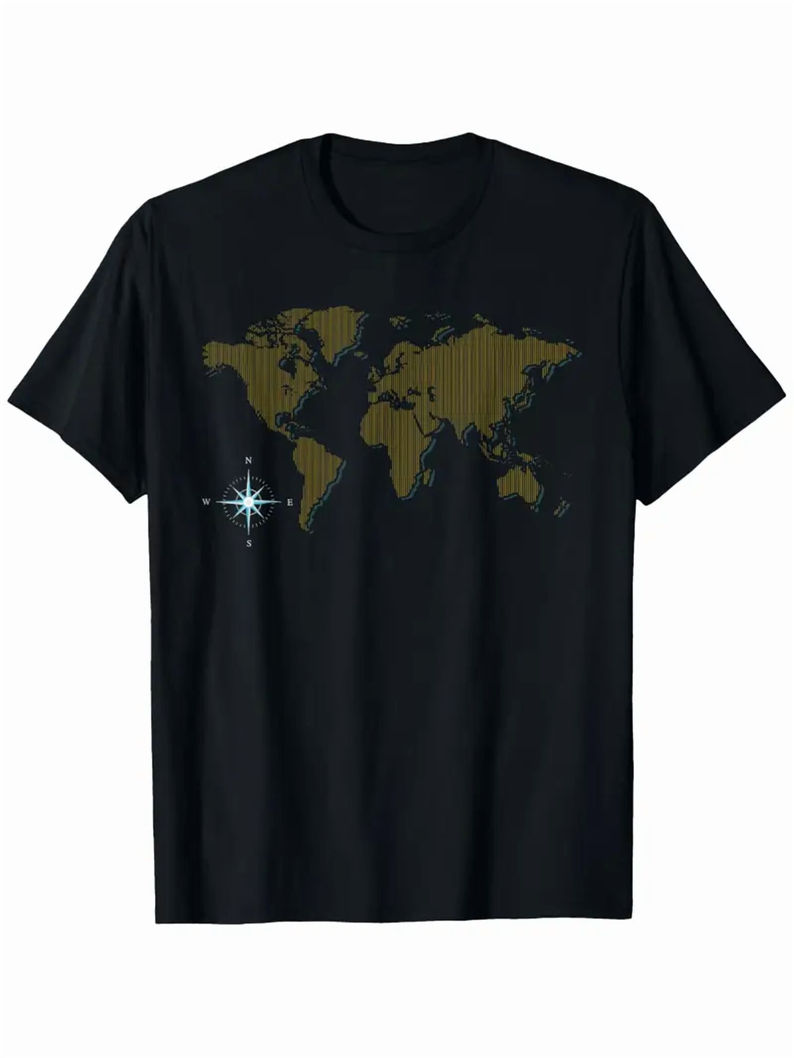 Men's 100% Cotton Relaxed Fit T-Shirt with World Travel Map & Compass ...