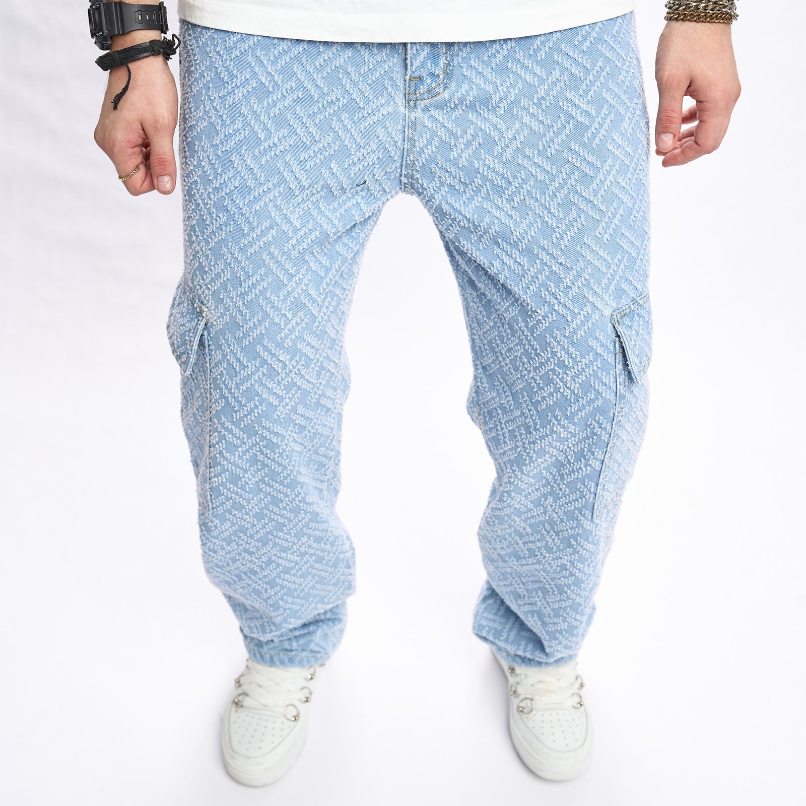 Men's 100%Denim and Big Men's Leg Baggy Jeans Light Blue Jeans Applique ...
