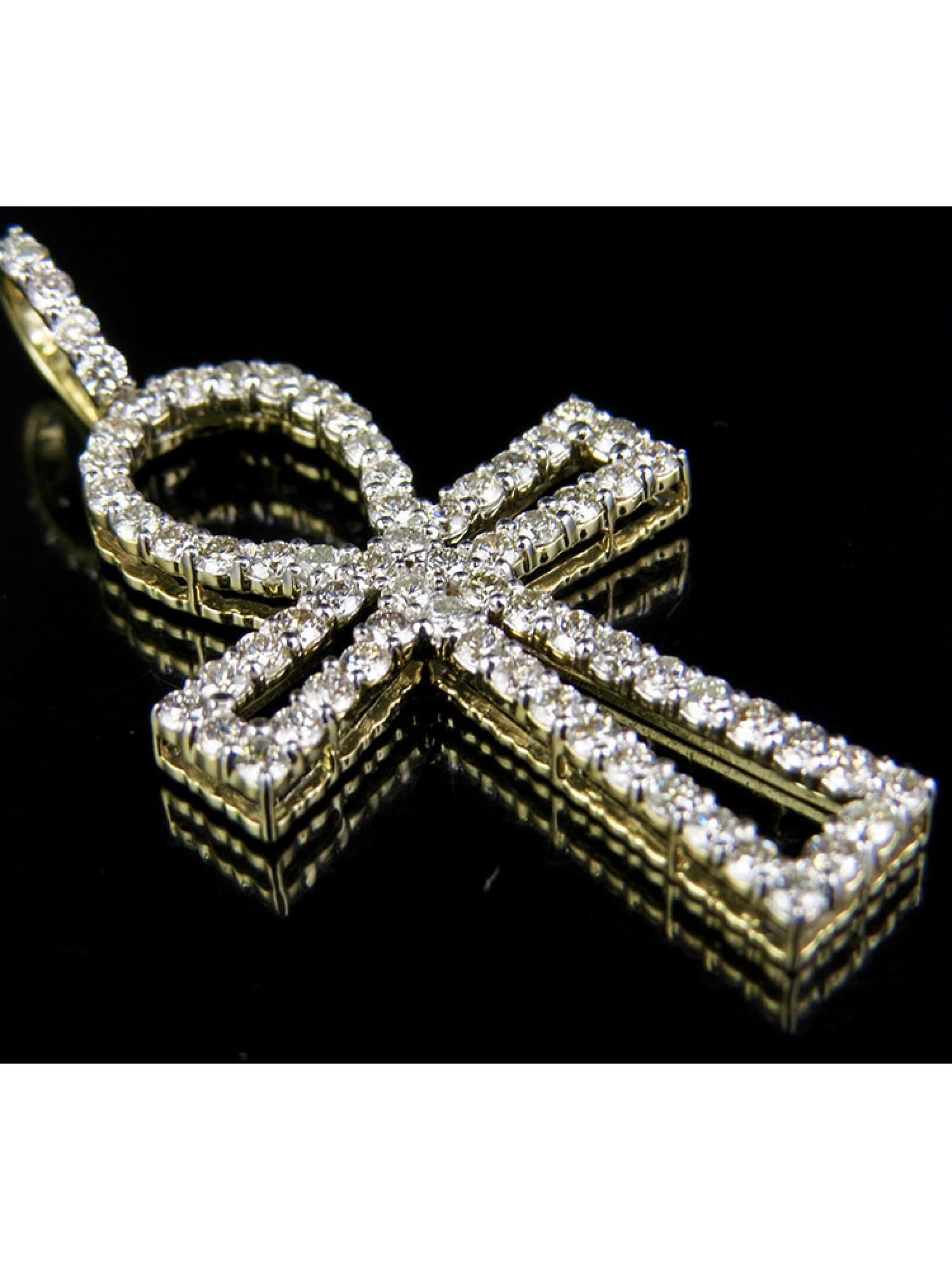10K Yellow Gold Real Diamond Ankh Border Cross Pendant 1.75ct 1.75 ...