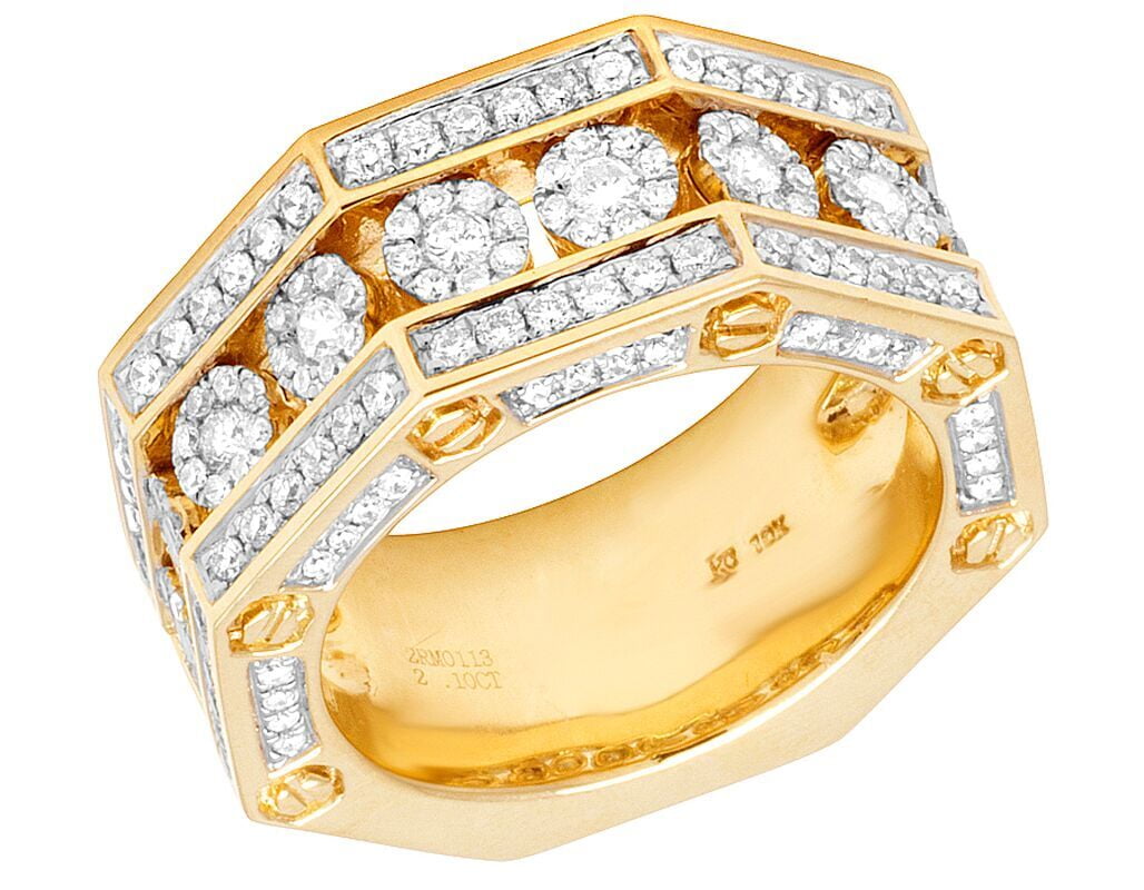 Men's 10K Yellow Gold Diamond Octogon Cluster Band Ring 2.10 CT 11MM ...