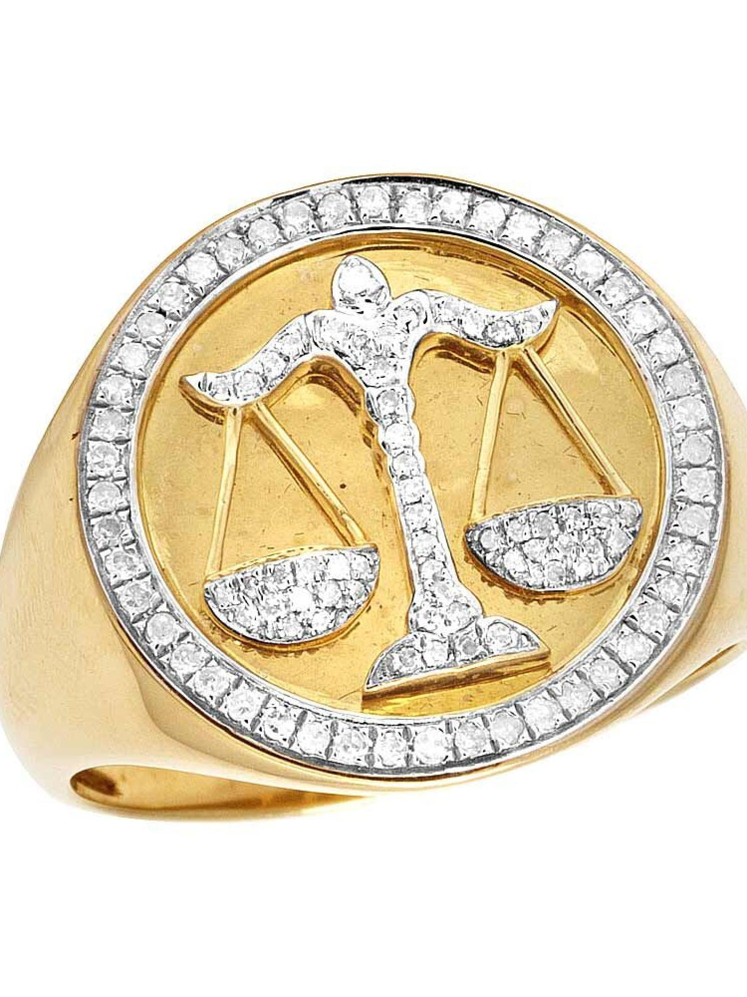 Men's 10K Yellow Gold Libra Scales Zodiac Diamond Pinky Ring 0.35 Ct ...