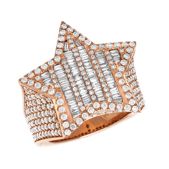 Men's 14K Rose Gold Real Baguette Diamond Star Pinky Ring 5.5 CT ...